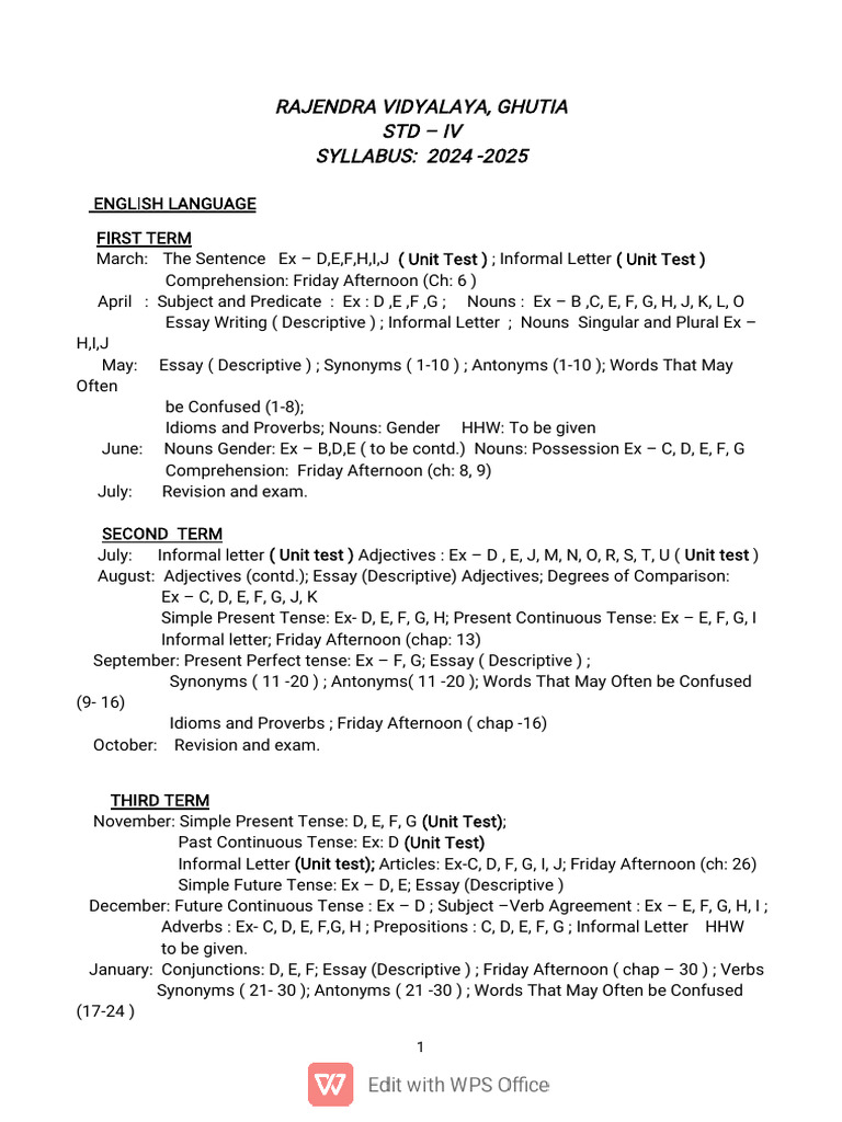 STD IV Syllabus 24-25 | PDF | Noun | Adjective