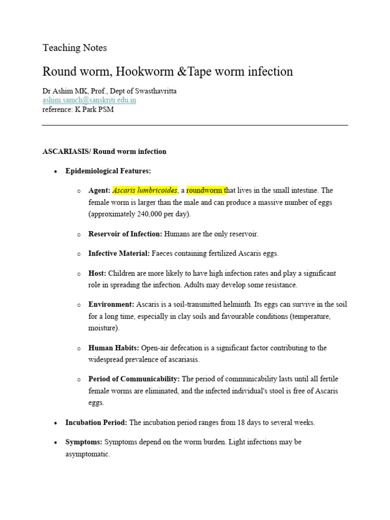 Dr Ashim Notes on Round worm, Hookworm &Tape worm infection | PDF ...