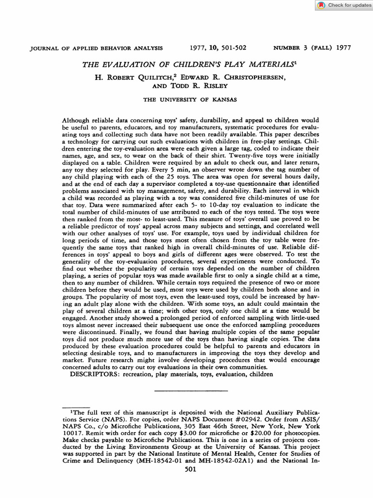 J of App Behav Analysis - Fall 1977 - Quilitch - THE EVALUATION OF CHILDREN S PLAY MATERIALS1 ...