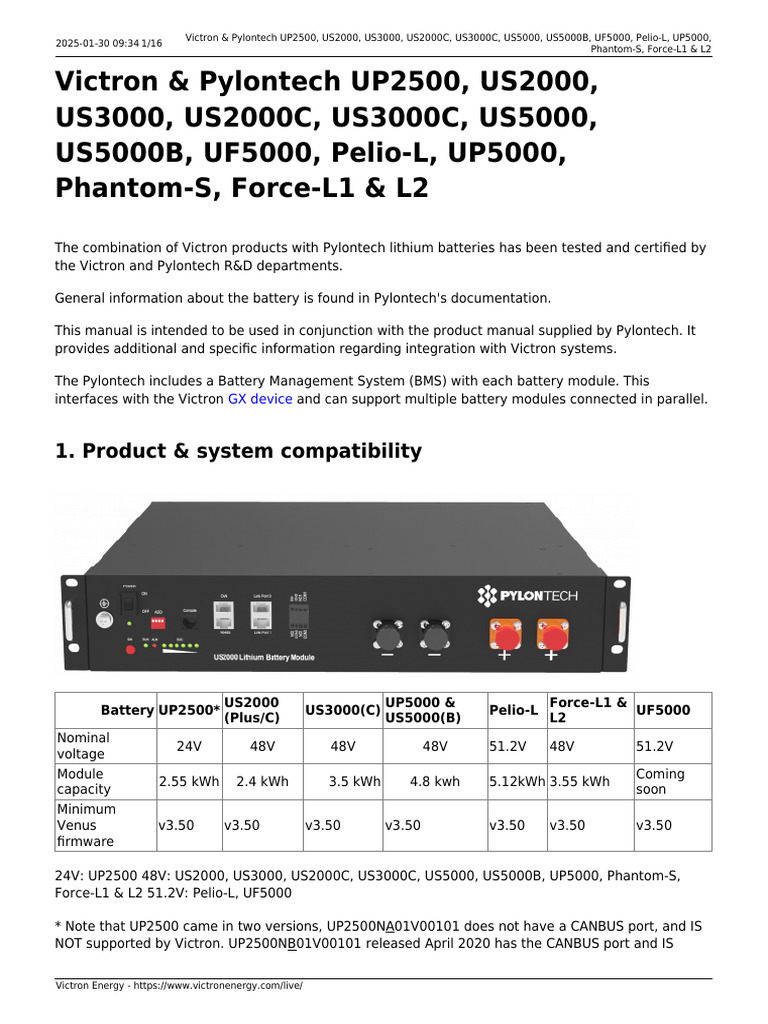 Victron Pylontech Up2500 Us2000 Us3000 Us2000c Us3000c Us5000 Us5000b ...