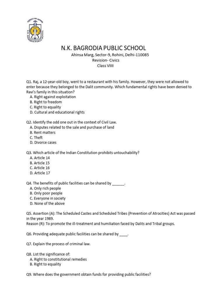 Civics Revision Sheet Class 8 | PDF