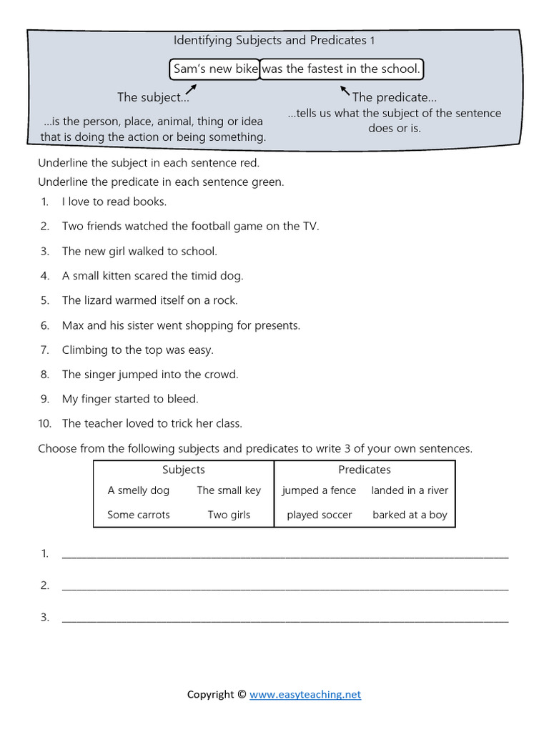Subject and Predicate Extra Worksheet 1 | PDF