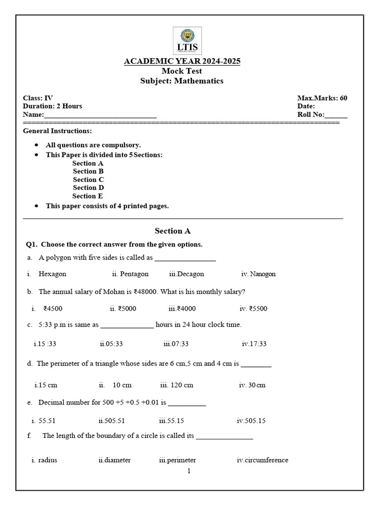 Class IV Mathematics Mock Test 2024-25 | PDF | Area | Circle