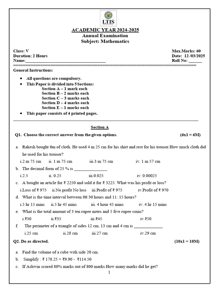 Class V Math Written 2024-25 | PDF | Rupee | Length