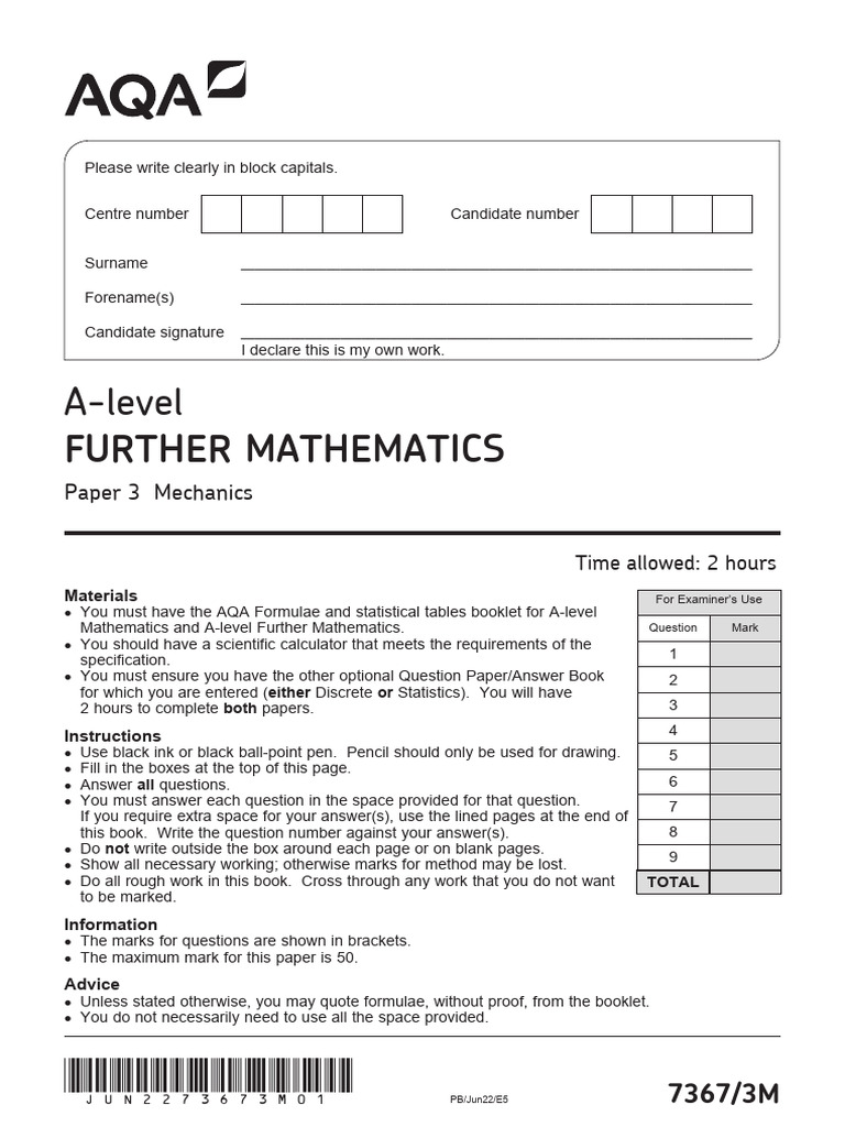 AQA A Level Further Maths Paper 3 Mechanics June 2022 | PDF | Force | Mass