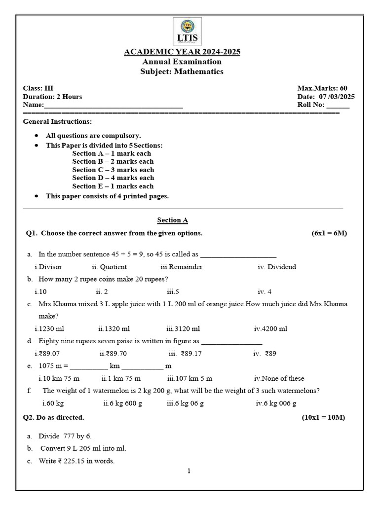 Class III Mathematics Exam 2024-25 | PDF | Division (Mathematics) | Rupee