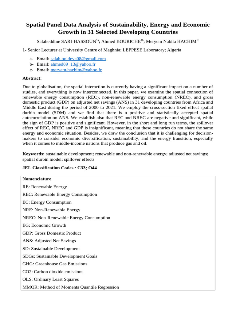 Spatial Panel Data Analysis of Sustainability in Developing Countries For Turnitin | PDF ...