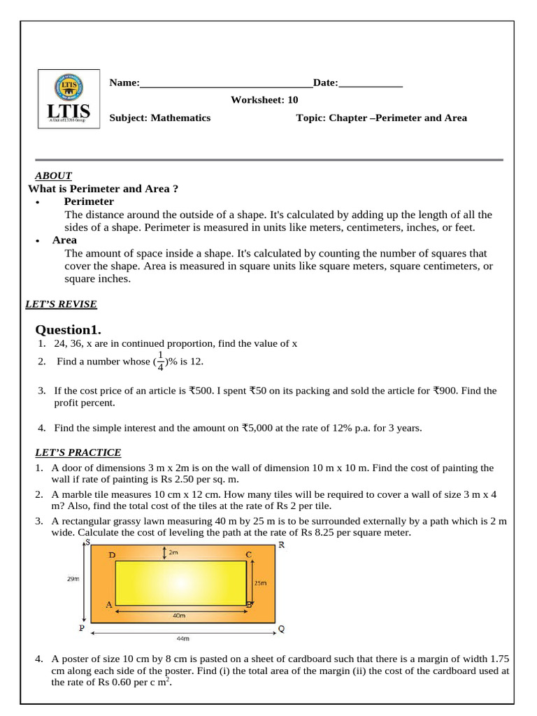 CLASS 7TH WORKSHEET - Permiter and Area | PDF | Area | Elementary Geometry