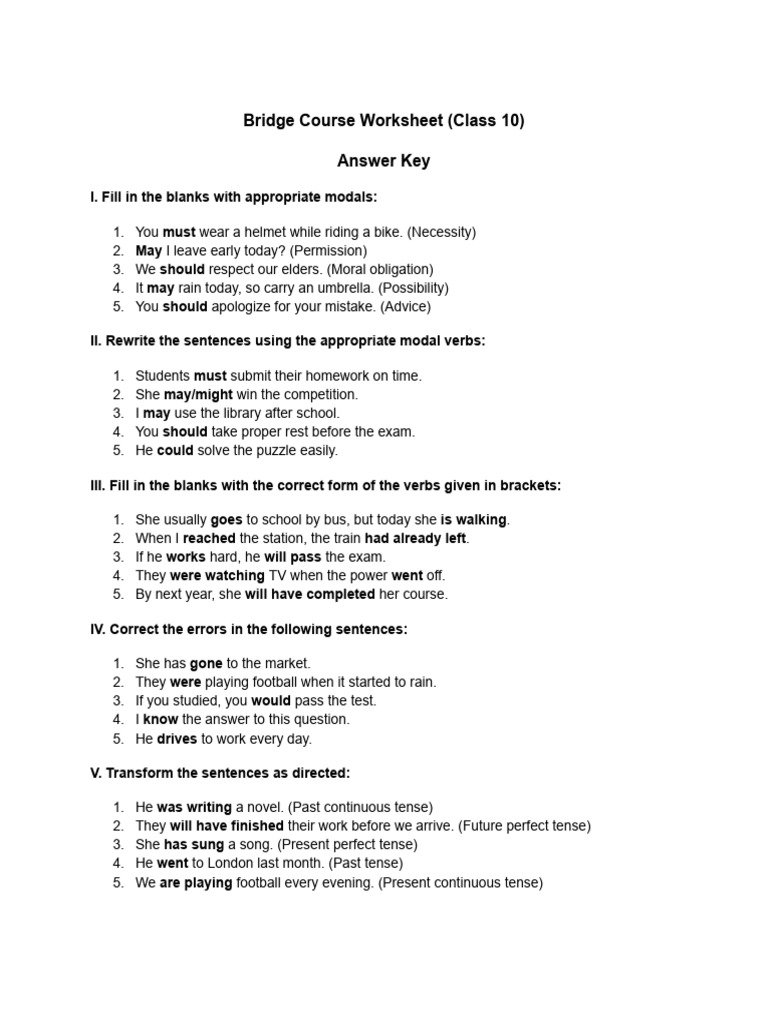 answer key Bridge Course Worksheet (Class 10) | PDF