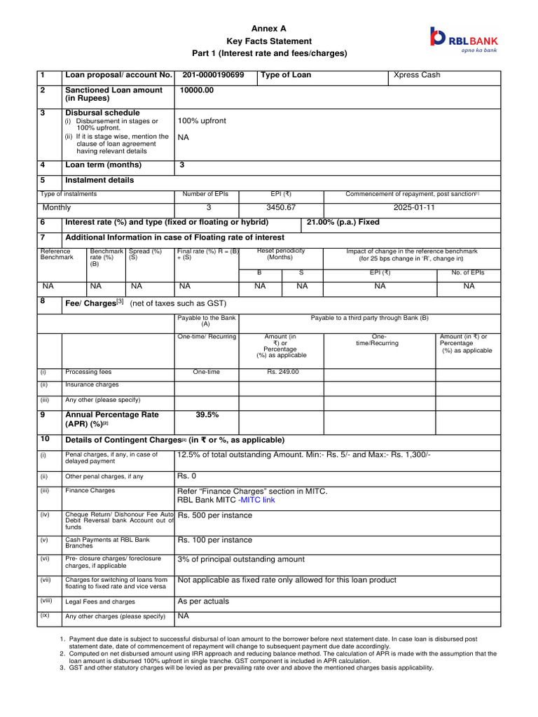 Annex A Key Facts Statement Part 1 (Interest Rate and Fees/charges) | PDF | Annual Percentage ...