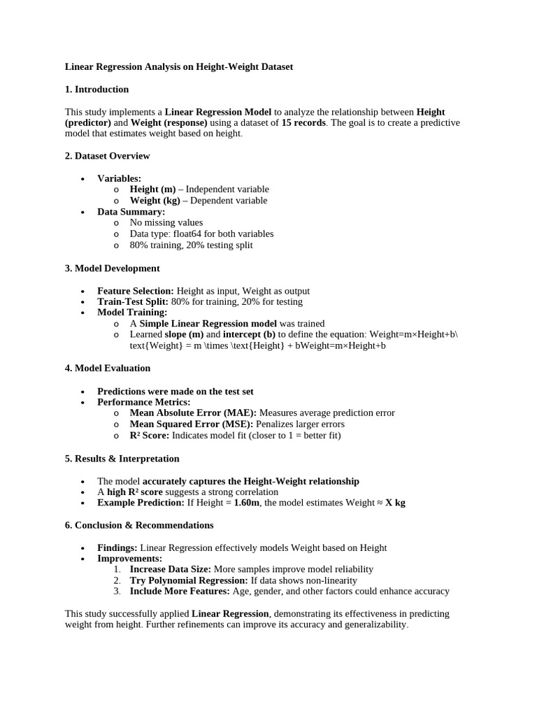Linear Regression Analysis On Height - Report | PDF