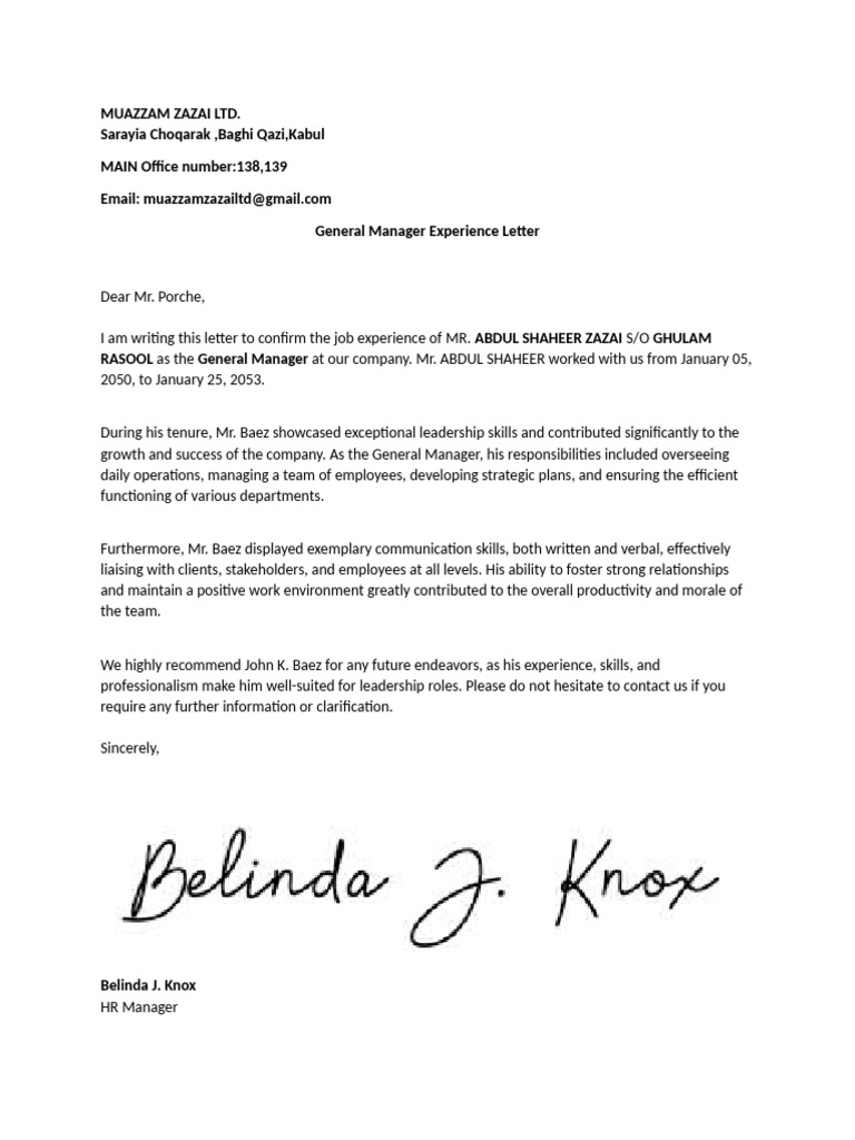 General Manager Experience Letter | PDF