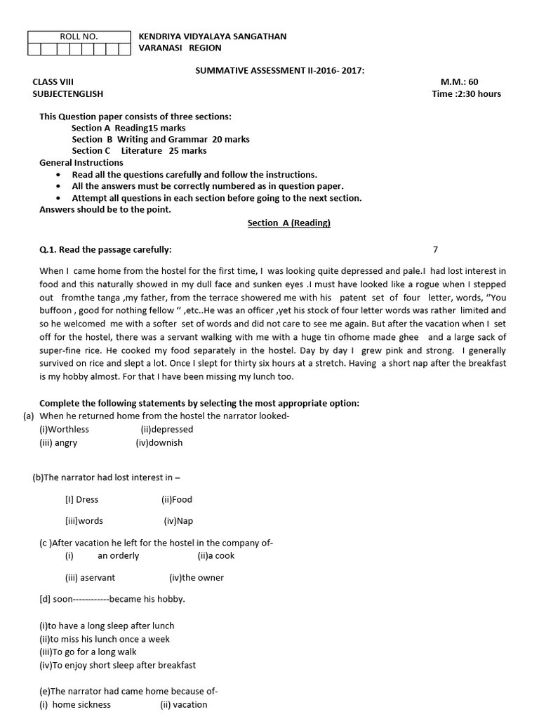 KV Class 8 Annual Exam Model Question Paper ENGLISH | PDF