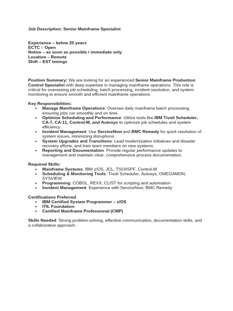 Mainframe_specialist_jd | PDF