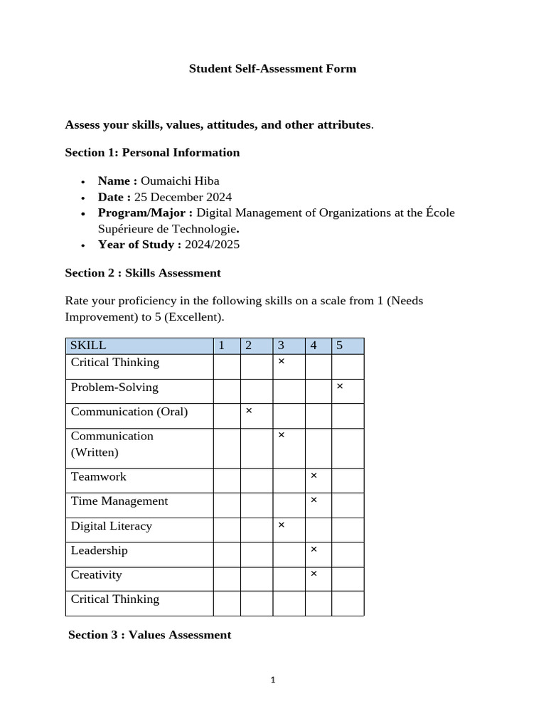 Student Self-Assessment Hiba | PDF | Goal | Skill