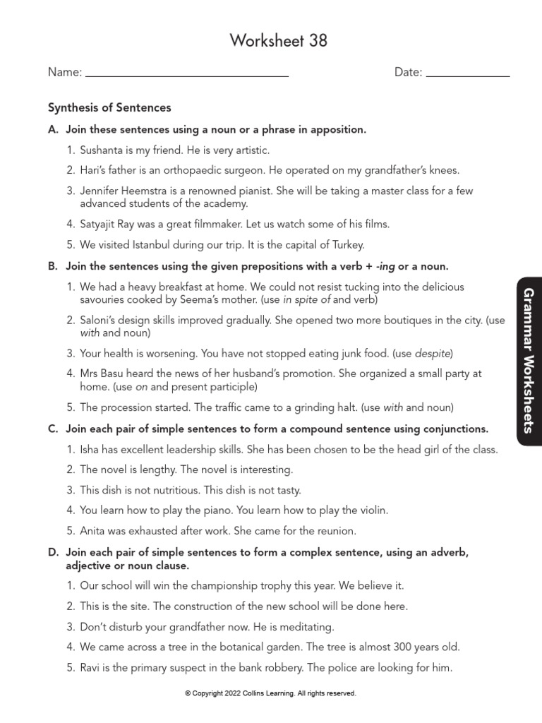 Sentence Synthesis Grammar Worksheet | PDF | Verb | Grammar