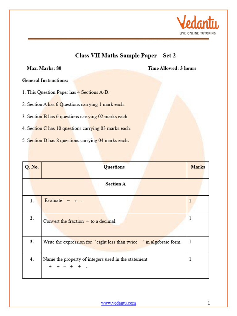 CBSE Class 7 Maths Sample Paper Set 2 - Latest 2024-25 Edition | PDF ...