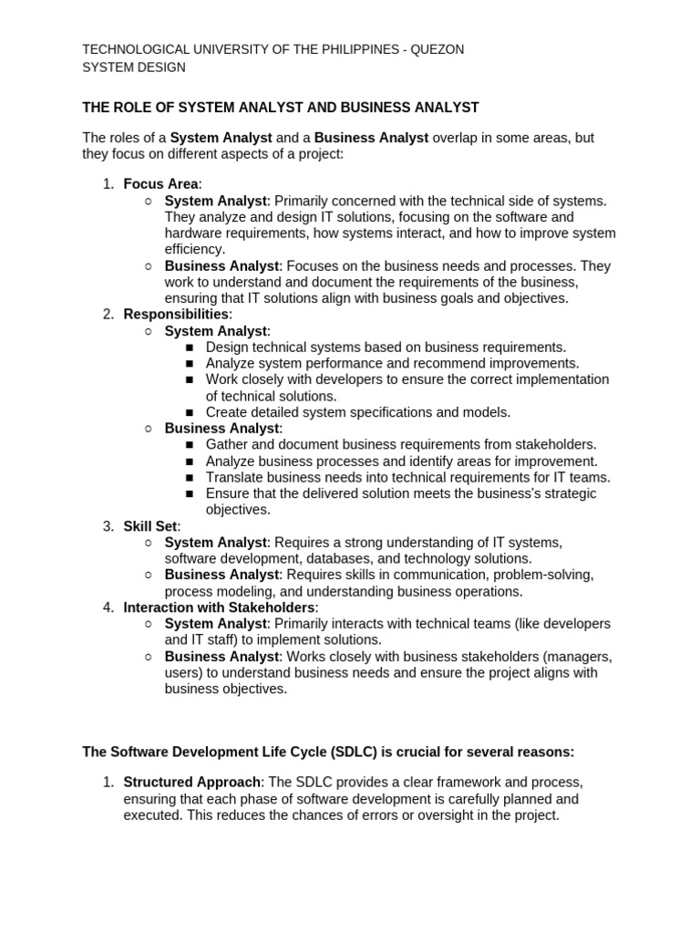 The Role of System Analyst and Business Analyst 1 | PDF | Software Bug ...
