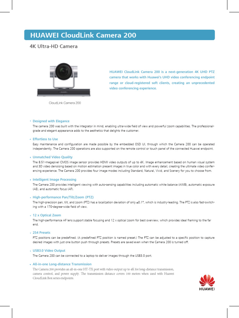2900 - 9284 - HUAWEI CloudLink Camera 200 Datasheet | PDF | Camera | Aperture