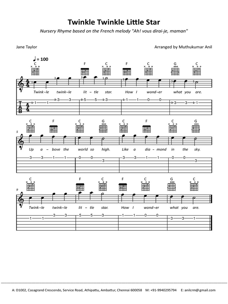 Twinkle Twinkle Little Star - Guitar Staff & TAB | PDF | English Poetry ...