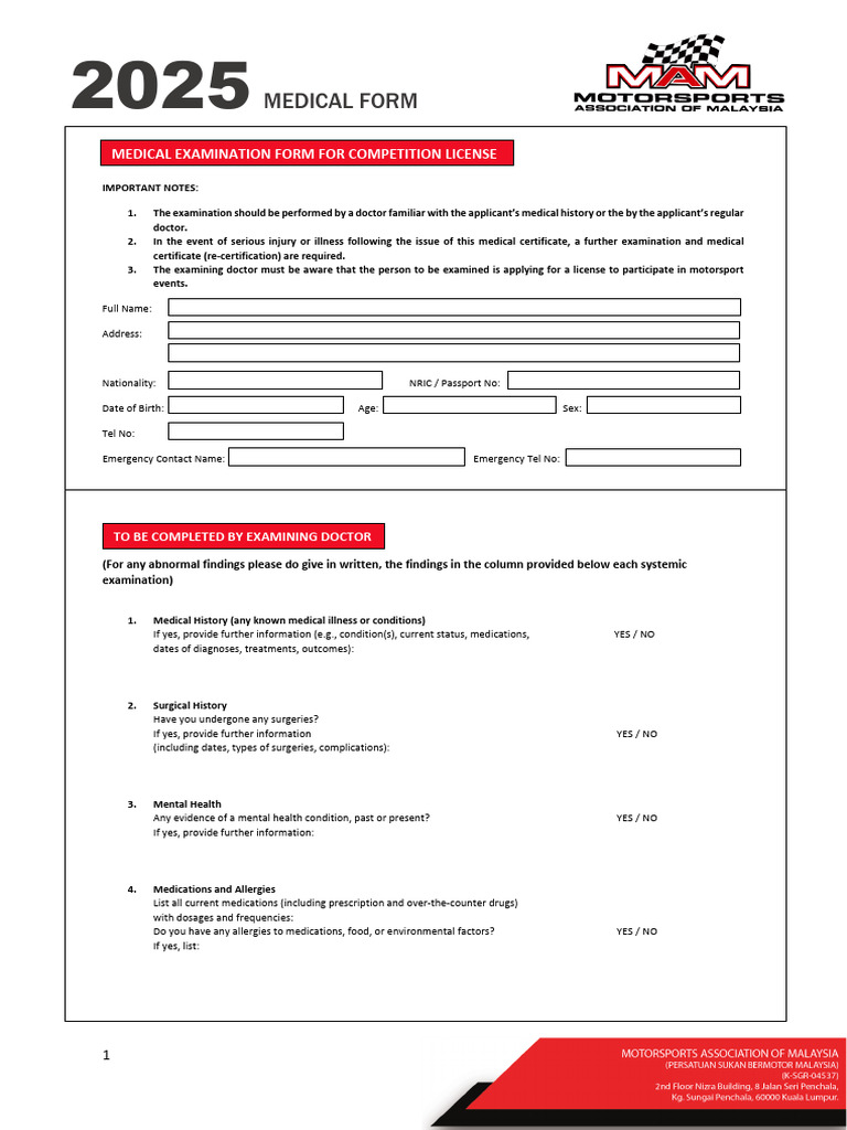 Motorsport Medical Examination Form 2025 | PDF | Physical Examination ...
