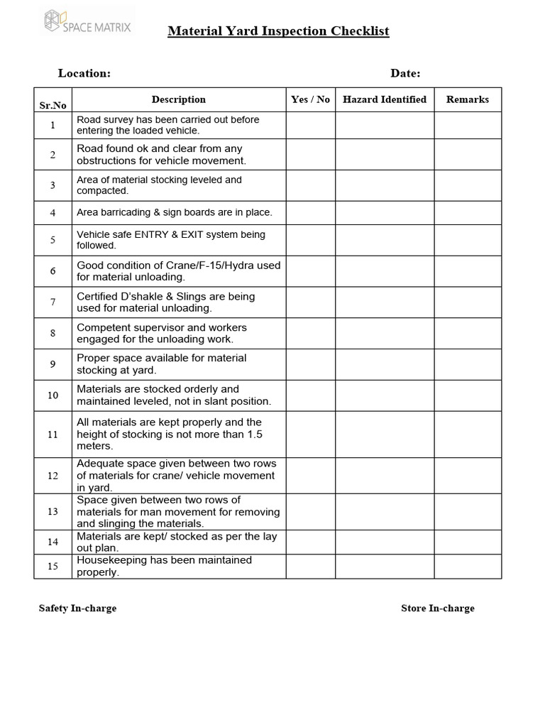 Material Yard Inspection Checklist | PDF