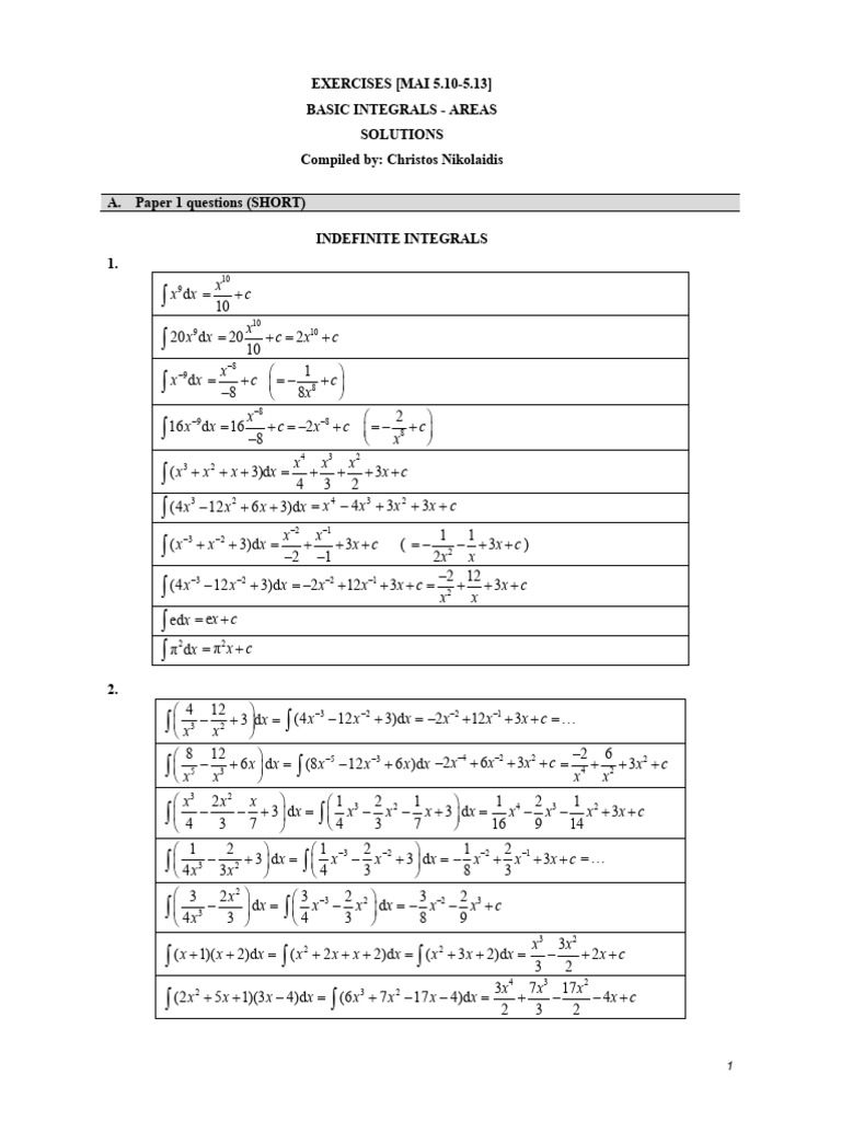 (MAI 5.10-5.13) BASIC INTEGRALS - AREAS - Solutions | PDF