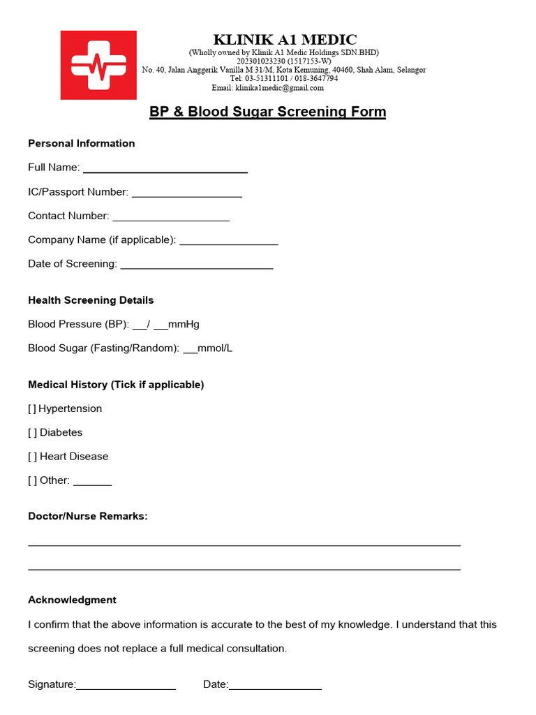 BP Blood Sugar Screening Form | PDF