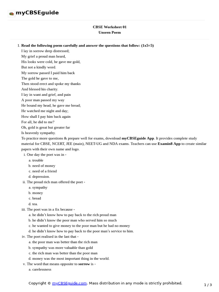 Class 7 Unseen Poem Comprehension | PDF