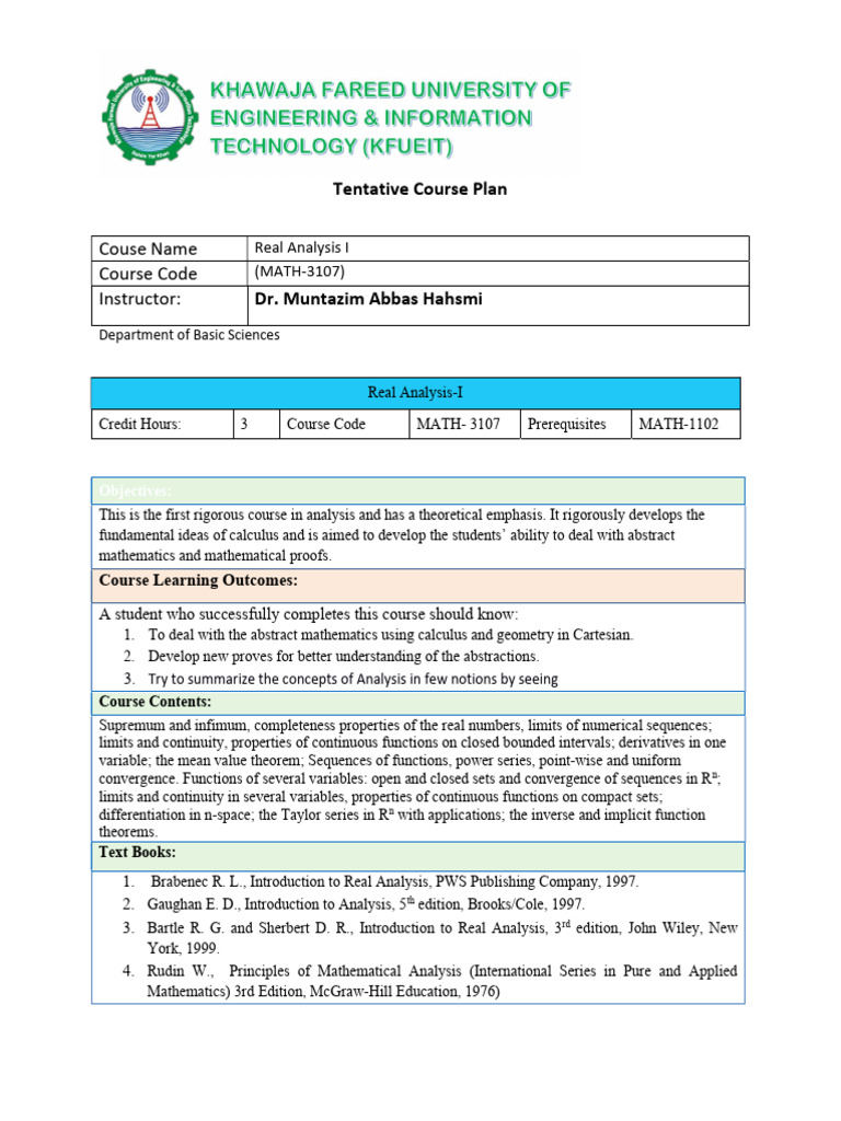 Week Plan of Real Analysis I (MATH-3107) | PDF | Real Analysis ...