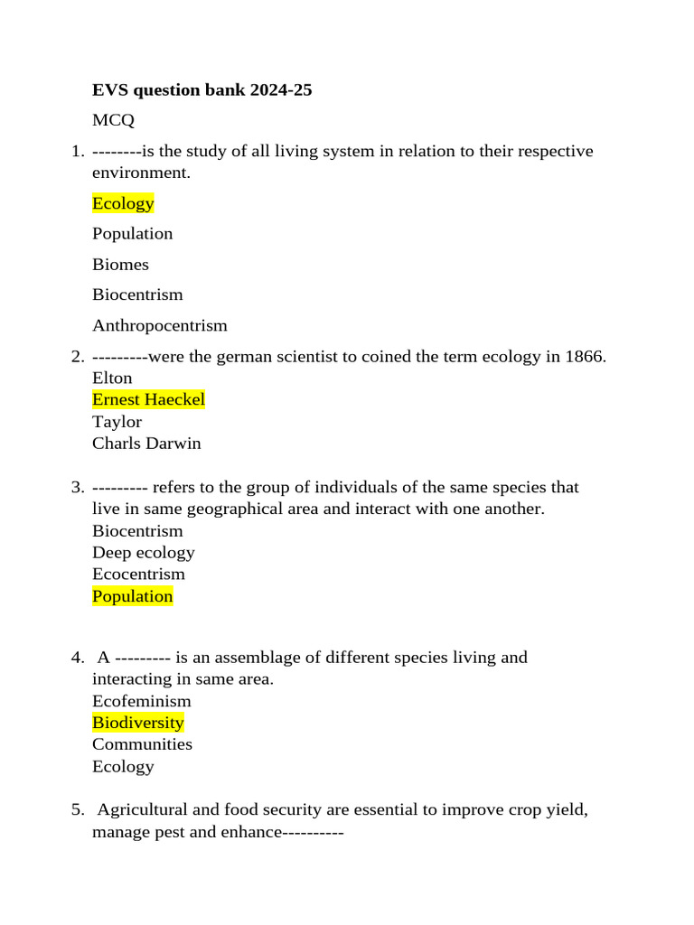 EVS Question Bank 2024-25 | PDF | Ecology | Systems Ecology