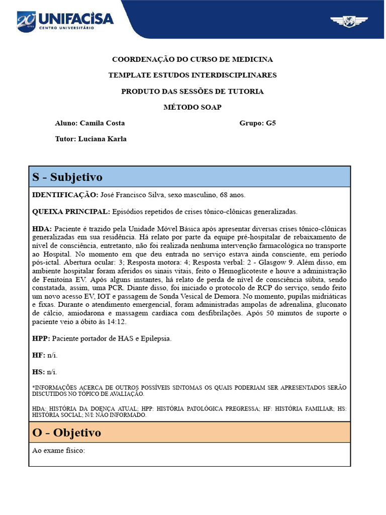 Cópia de Modelo Pronto SOAP | PDF | Epilepsia | Coração