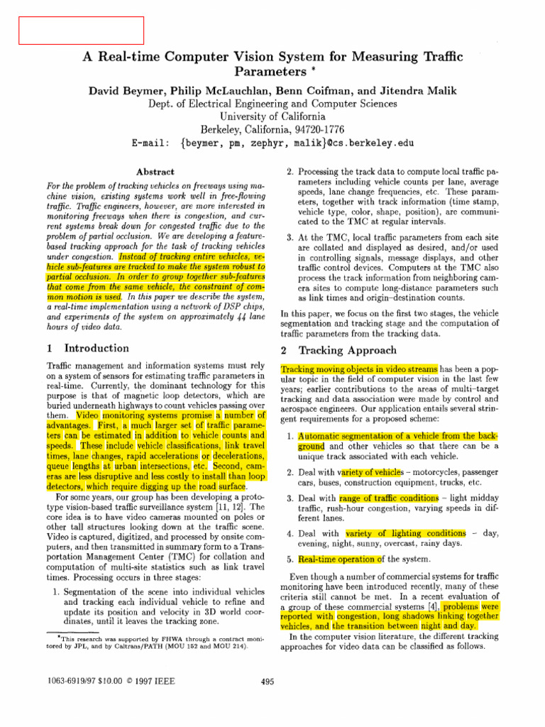 Beymer Et Al. - Unknown - A Real-Time Computer Vision System For Measuring Traffic Parameters ...