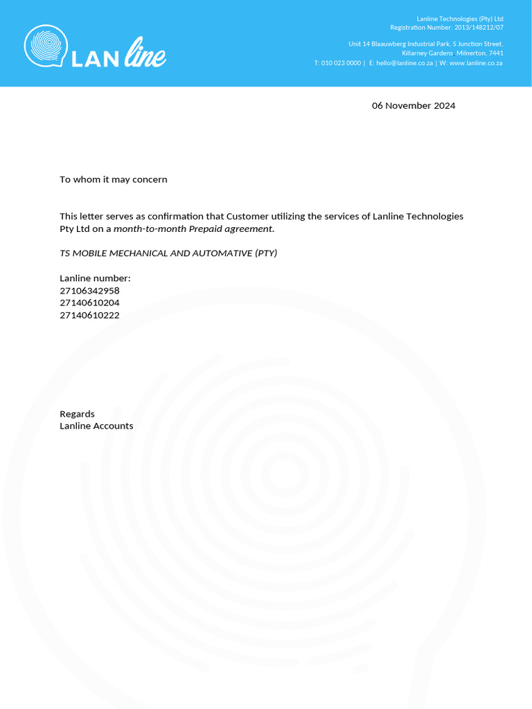 Lanline Technologies Customer Confirmation | PDF