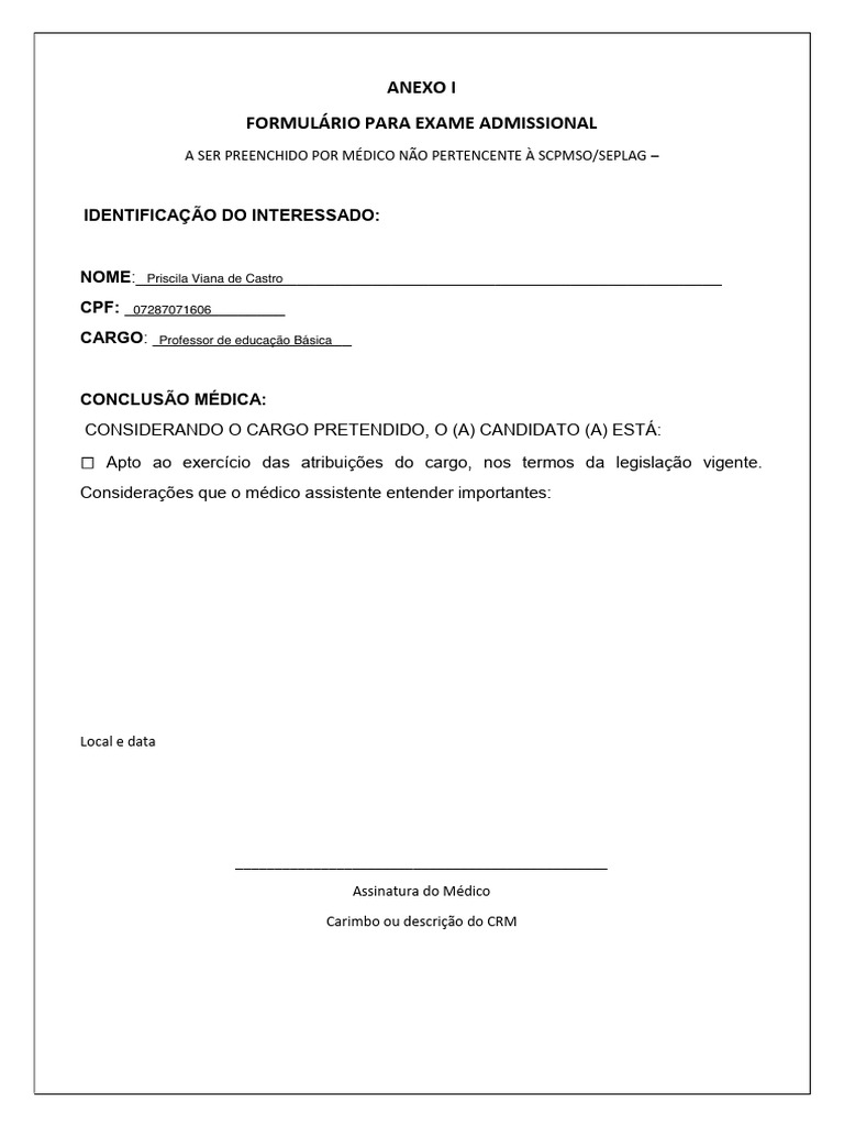 Formulário de Exame Admissional Médico | PDF