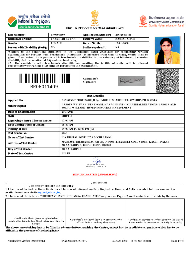 UGC NET Dec 2024 Admit Card Details | PDF | Identity Document