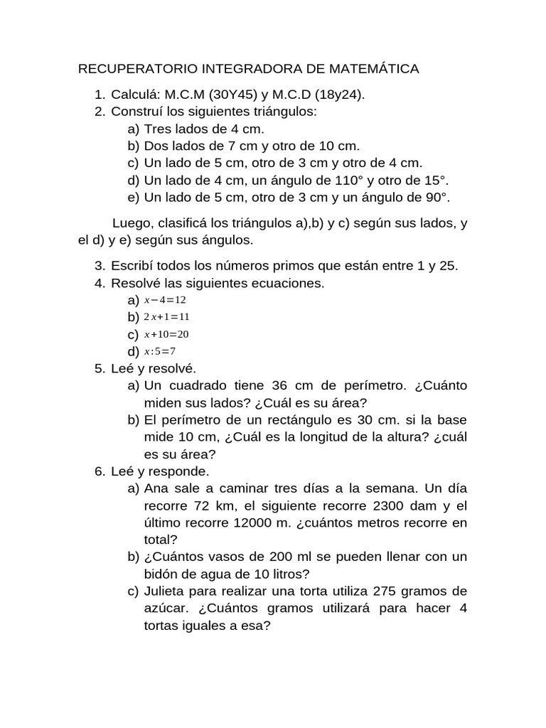 RECUPERATORIO INTEGRADORA DE MATEMÁTICA | PDF