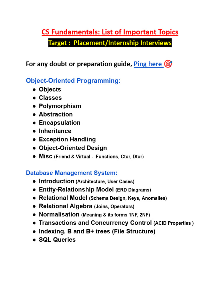 CS Fundamentals - List of Important Topics | PDF