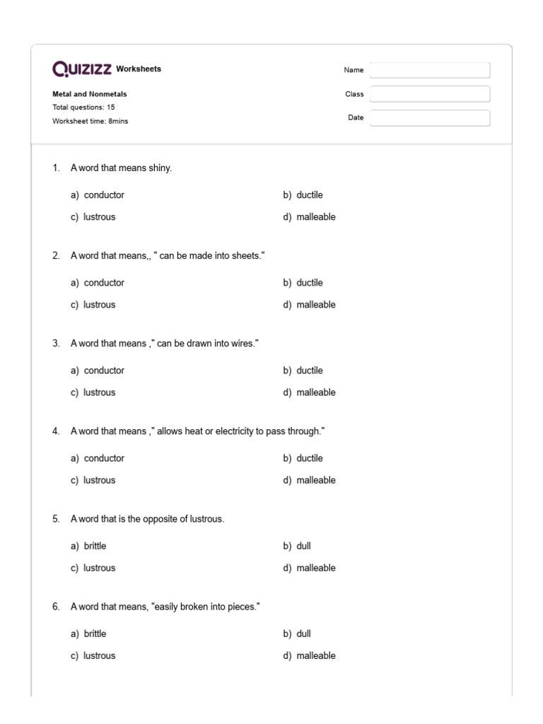 Metals & Nonmetals Quiz for Students | PDF