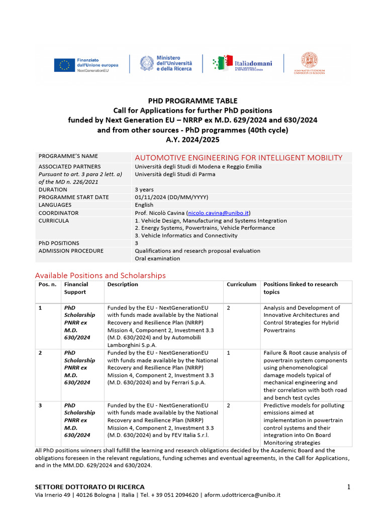 40 - PNRR - PHD Programme Table - AutomotiveIntelligentMobility | PDF ...