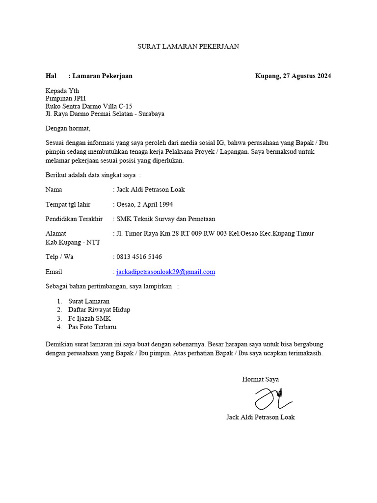 Lamaran Pekerjaan Jack Aldi | PDF