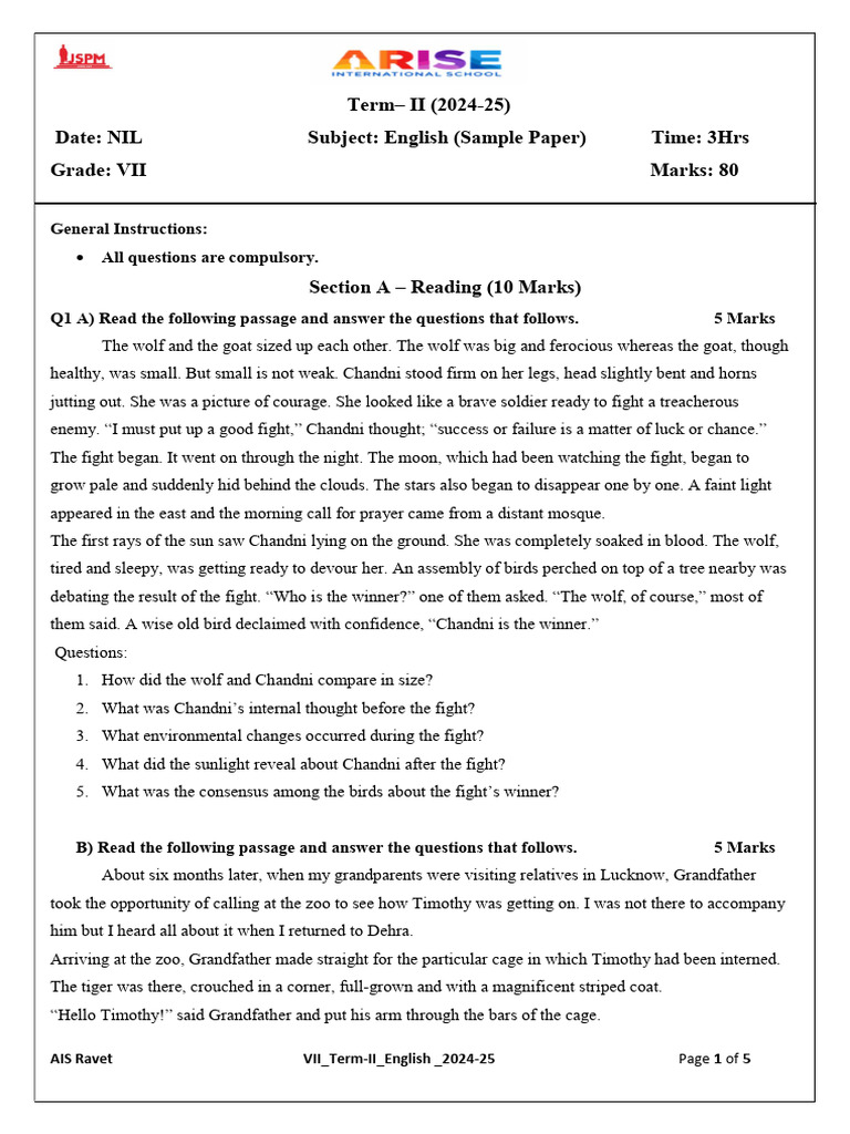 Grade VII English Sample Paper 2024-25 | PDF | Linguistics | Grammar