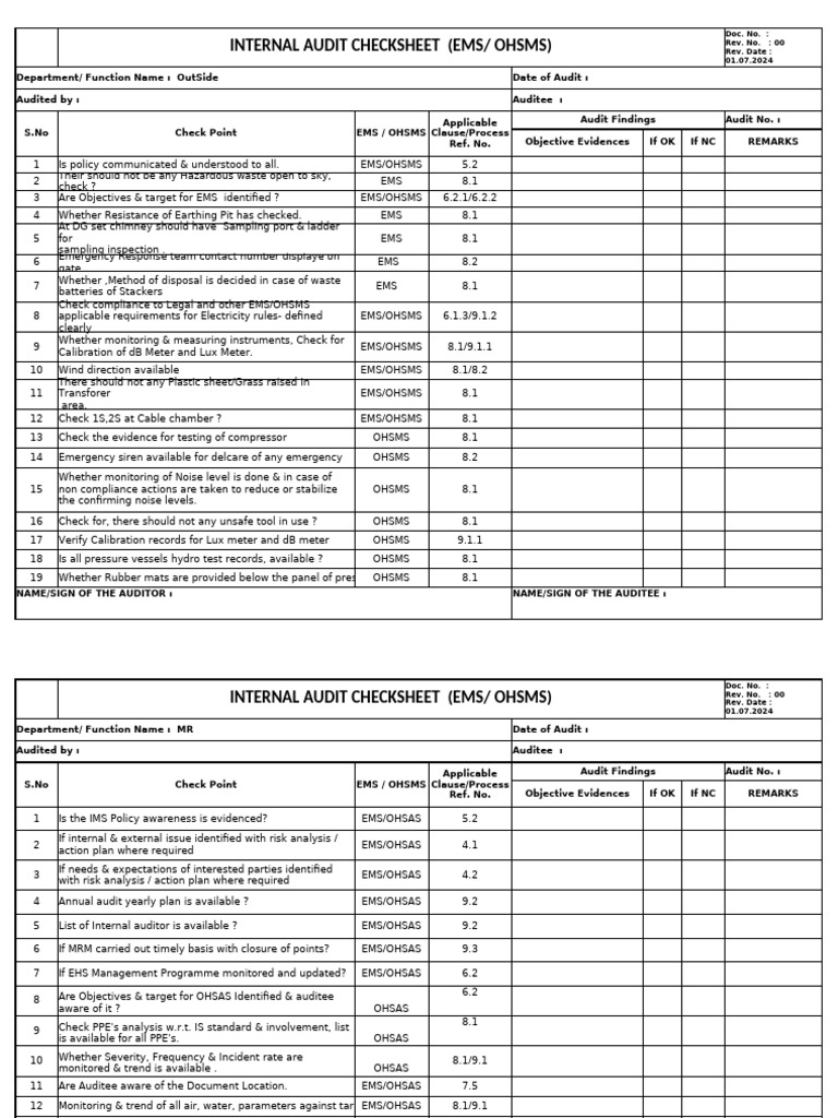 Internal Audit Checksheet | PDF | Audit | Internal Audit