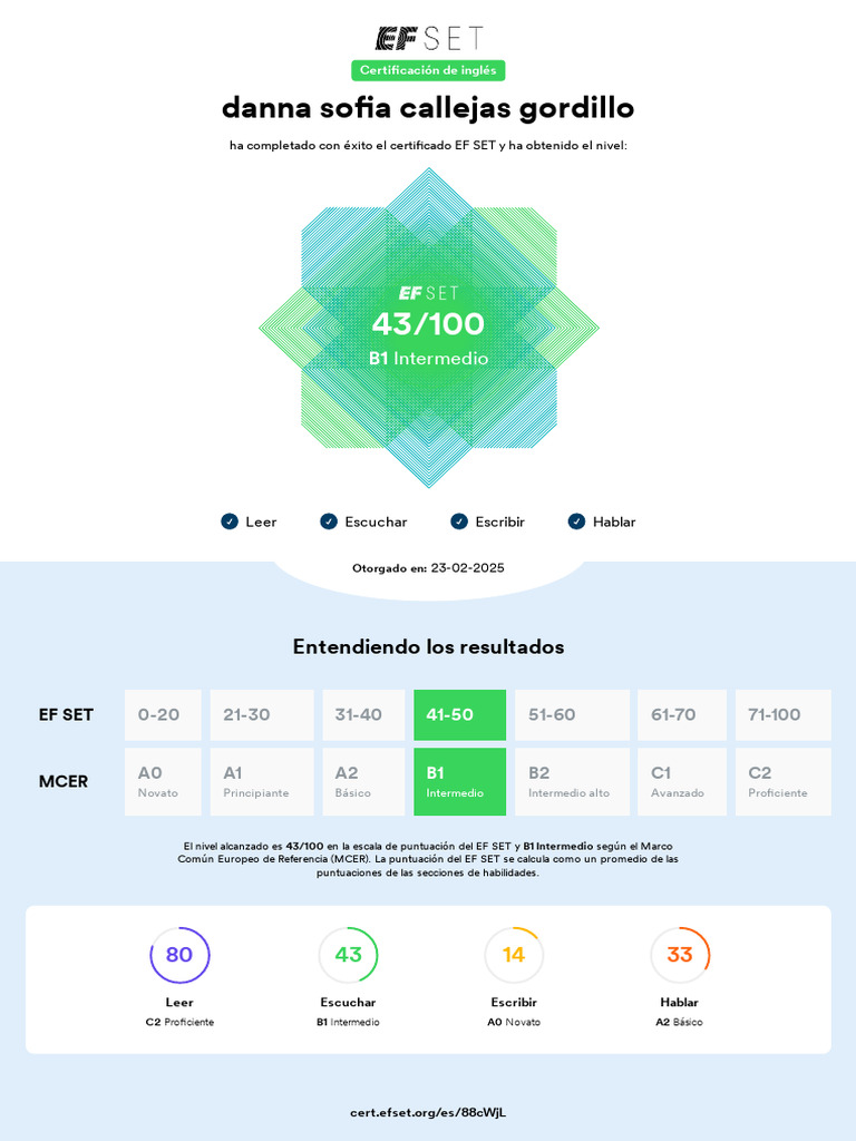 Certificado Ef Set Nivel B1 Intermedio Pdf