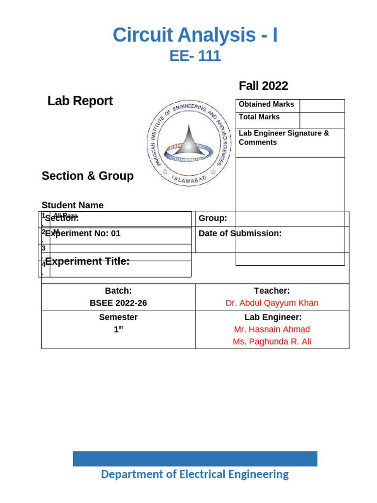 Circuit Analysis Lab Report EE-111 | PDF