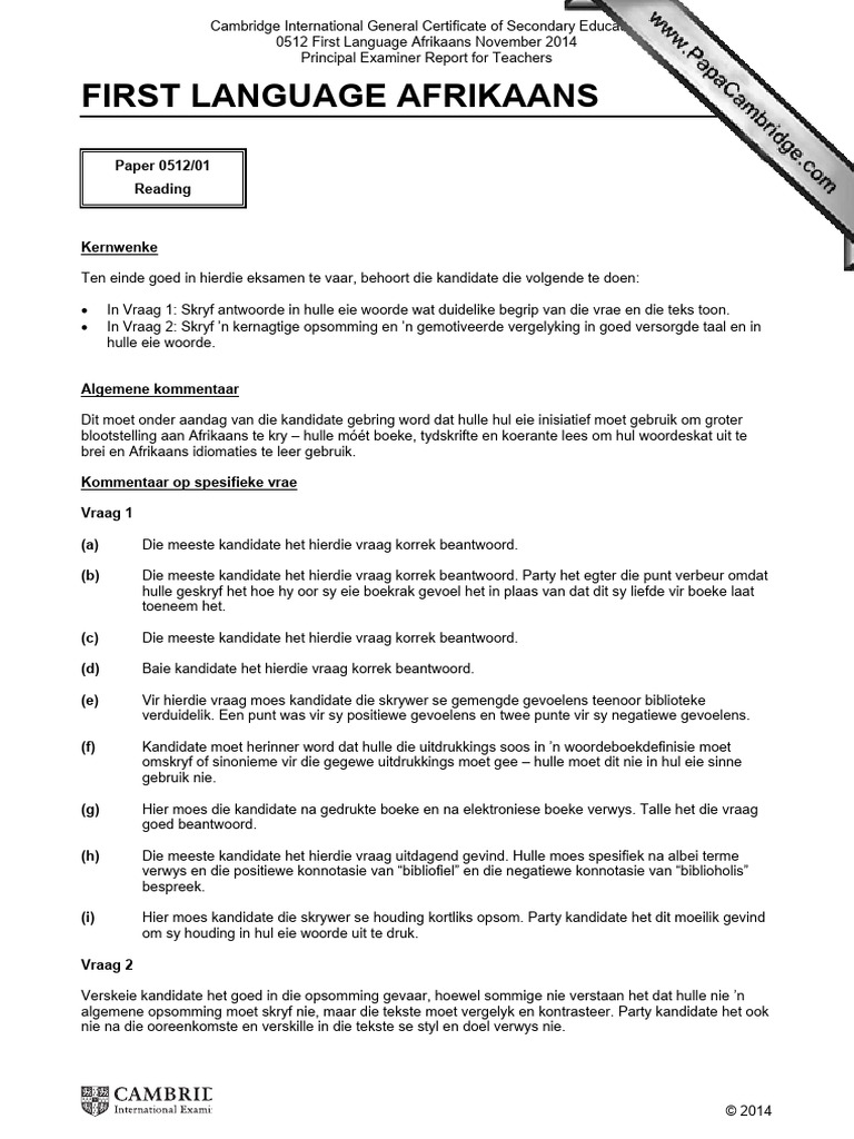First Language Afrikaans: Paper 0512/01 Reading | PDF