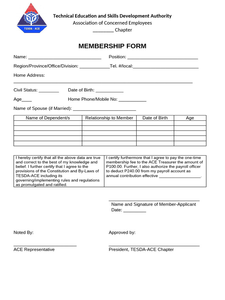 TESDA-ACE Membership Application Form | PDF