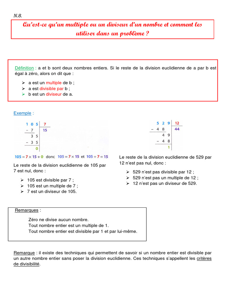 Multiples et diviseurs expliqués | PDF