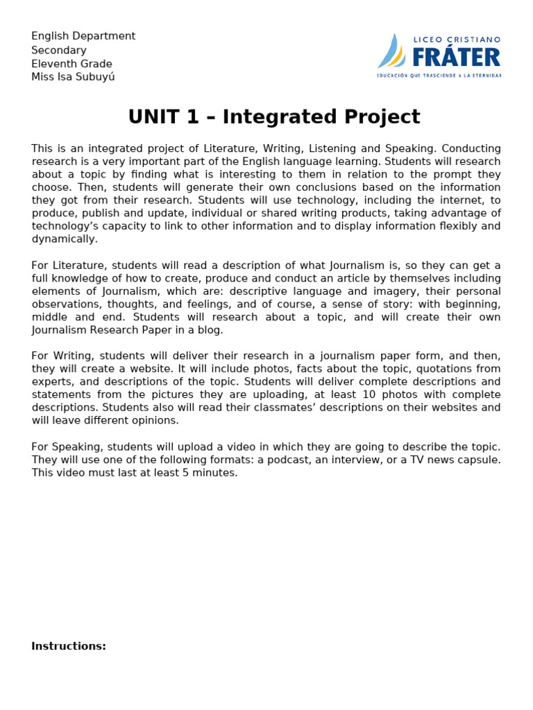Unit 1 - Integrated Project - 11th Grade (Corrected) (1) | PDF | Academic Publishing | Journalism