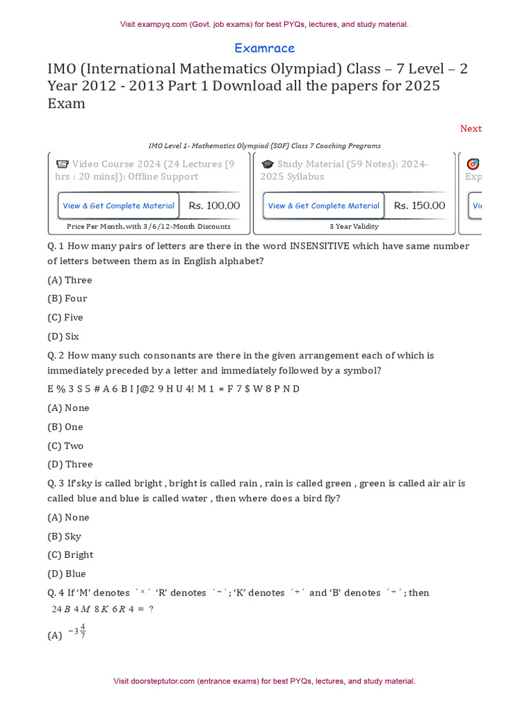 IMO Level 2 Class 7 Paper 2012 2013 Part 1 | PDF